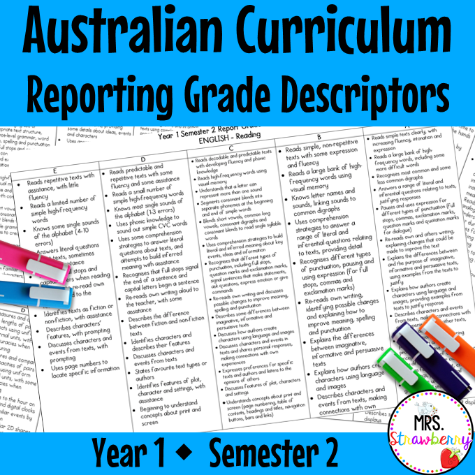 Year 1 Australian Curriculum Reporting Grade Descriptors - Semester 2 ...