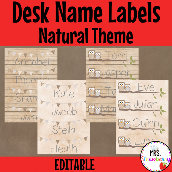 Natural Theme Desk Name Plate Labels EDITABLE - Mrs. Strawberry