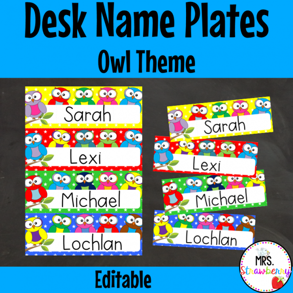 Owl Desk Name Plate Labels EDITABLE - Mrs. Strawberry