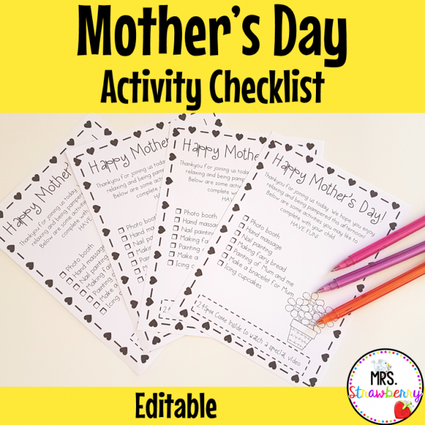 Mother's Day Activity Checklists - EDITABLE - Mrs. Strawberry